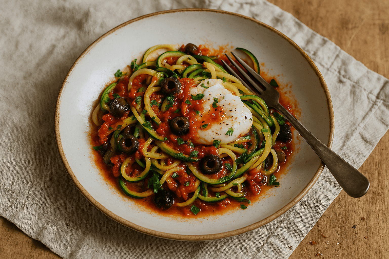 Spaghetti de courgette alla puttanesca - popottes.fr